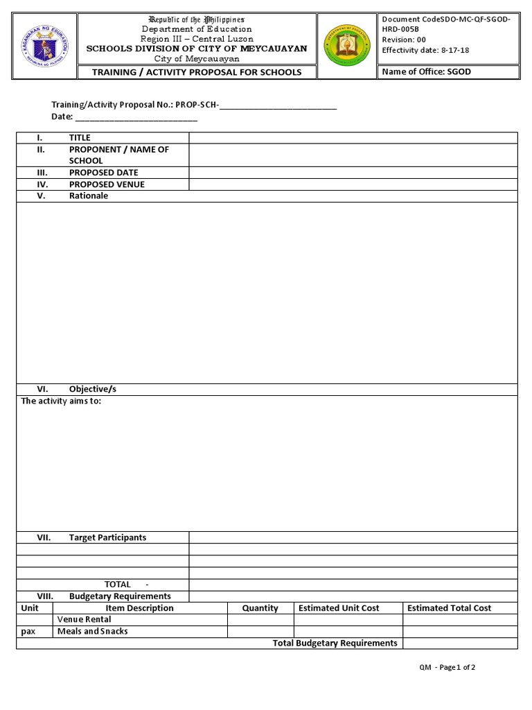 Training / Activity Proposal For Schools: Name of Office: SGOD | PDF ...
