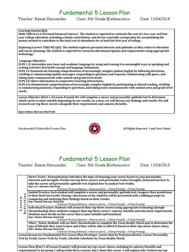 Fundamental 5 Lesson Plan: Teacher: Renee Hernandez Class: 8th Grade Mathematics Date: 12/04 ...