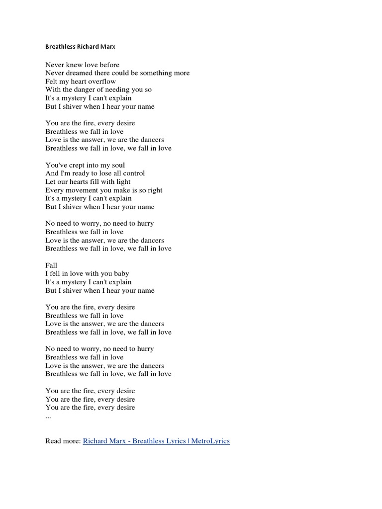Breathless Lyrics by Richard Marx | PDF | Poetry
