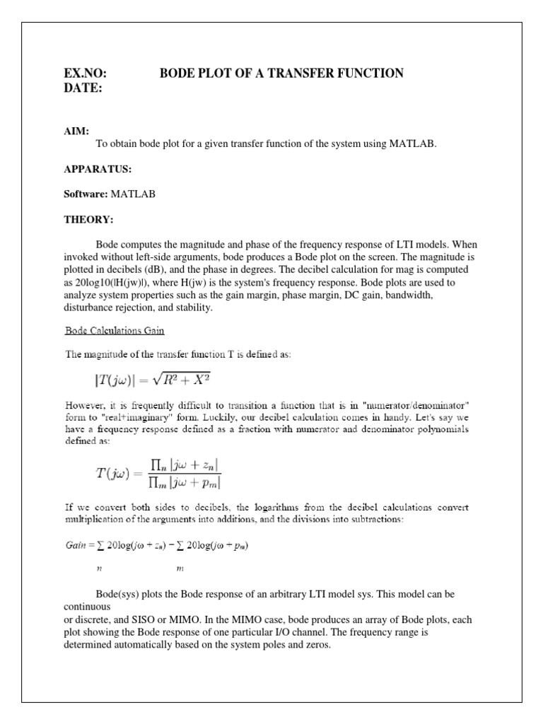 Ex - No: Bode Plot of A Transfer Function Date | PDF | Electromagnetism | Telecommunications ...