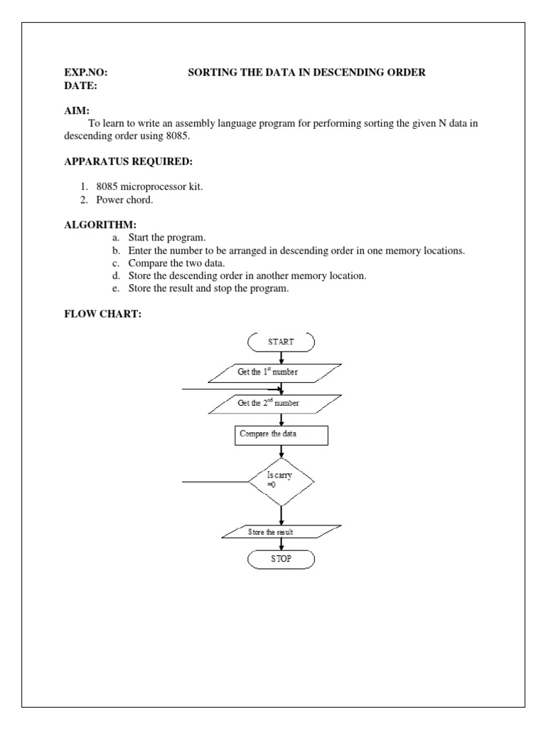 Exp - No: Sorting The Data in Descending Order Date: Aim | PDF ...
