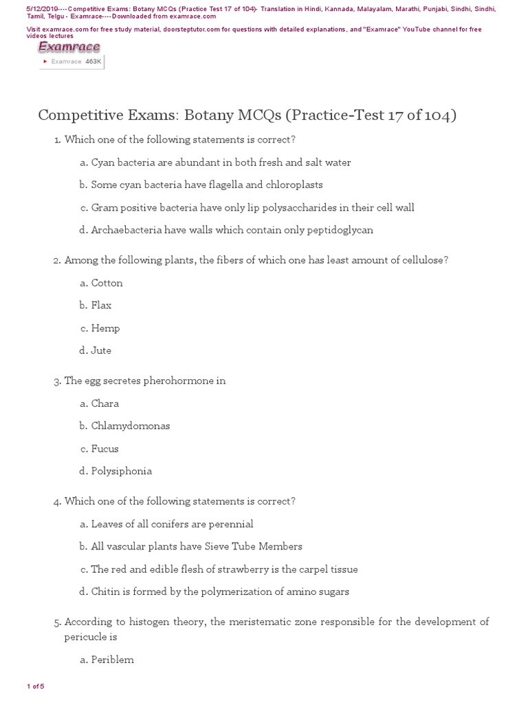 Botany MCQs Practice Test 17 | PDF | Botany | Plant Stem