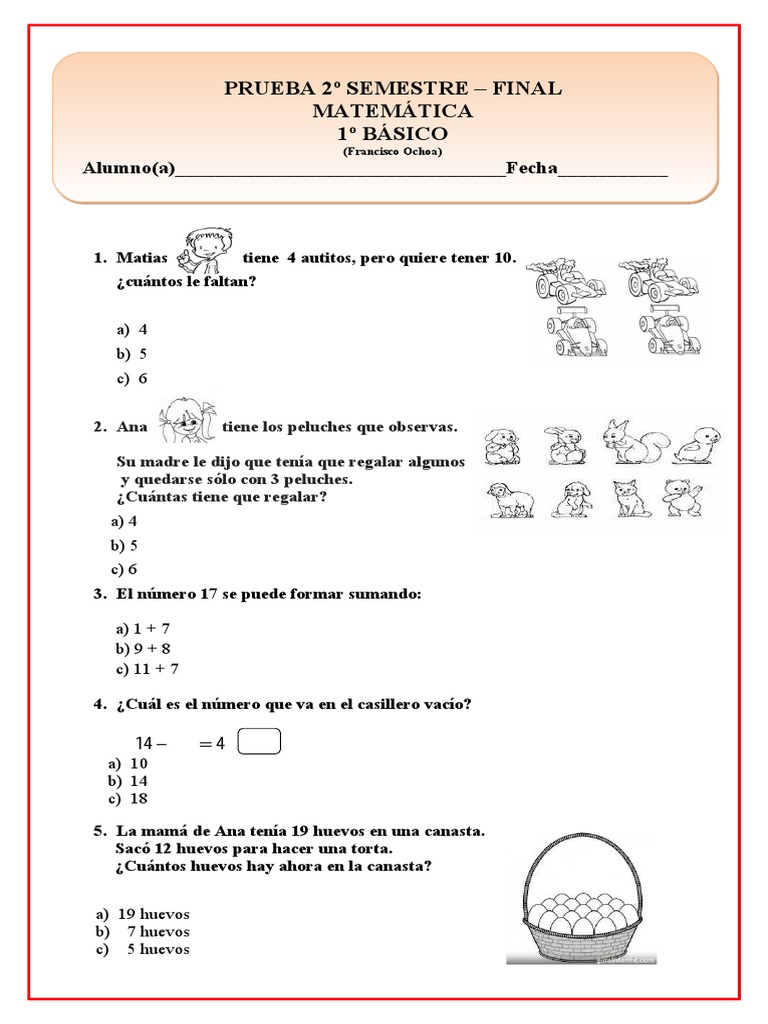Prueba Final de Matemáticas Primero Básico | PDF | Enseñanza de matemática