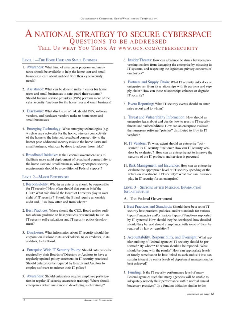 National Strategy To Secure Cyberspace: T U Y T A - . | PDF | Computer ...