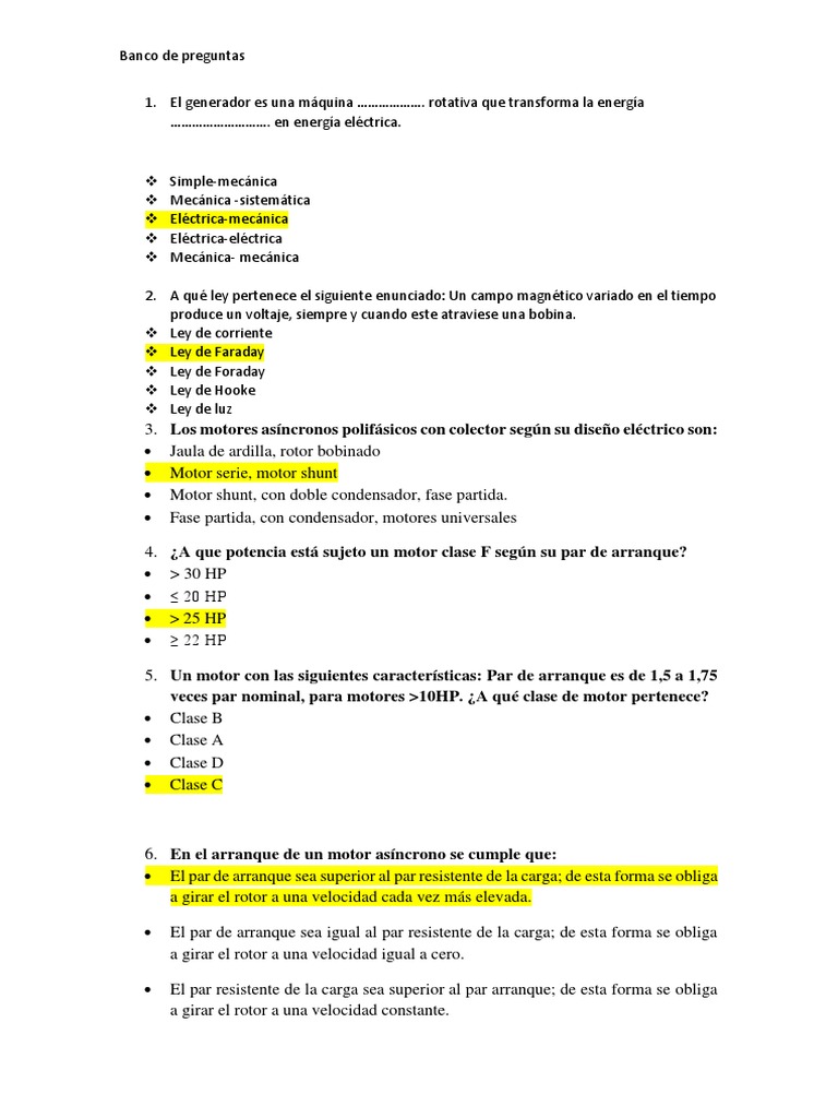 Banco de Preguntas | PDF | Motor eléctrico | Generador eléctrico