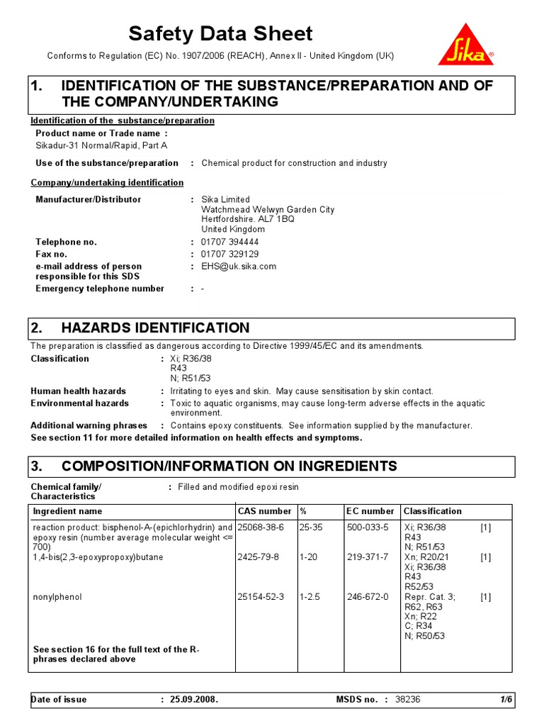 Sikadur 31 MSDS | PDF | Dangerous Goods | Personal Protective Equipment