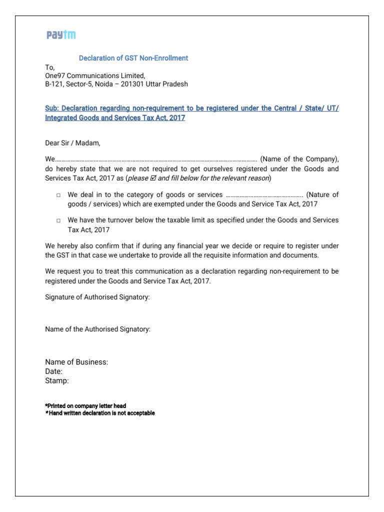 Declaration of GST Non Enrollment | PDF