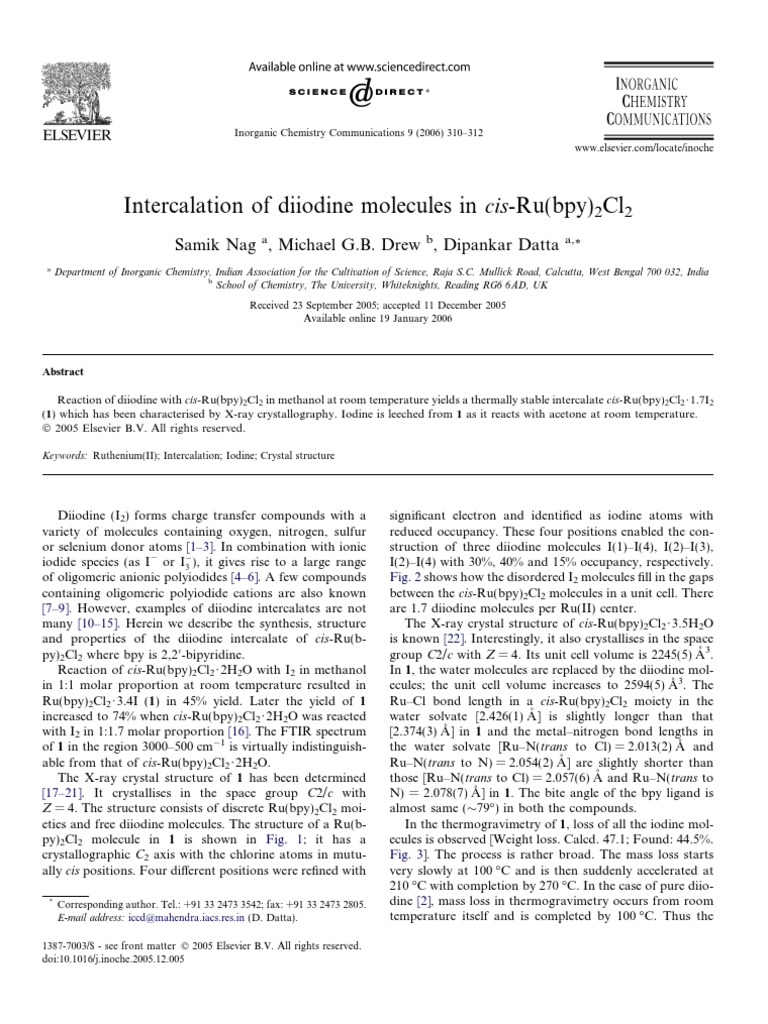 Intercalation of Diiodine Molecules in Cis-Ru (Bpy) CL: Samik Nag ...