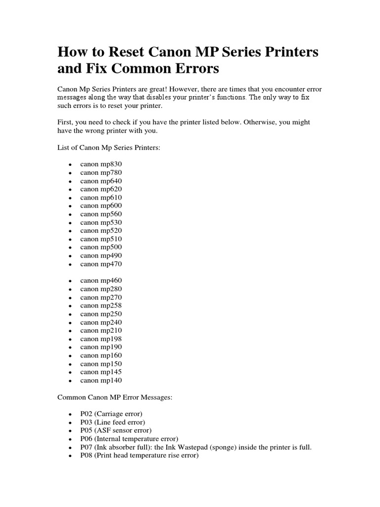 How To Reset Canon MP Series Printers and Fix Common Errors | PDF | Canon Inc. | Printer (Computing)