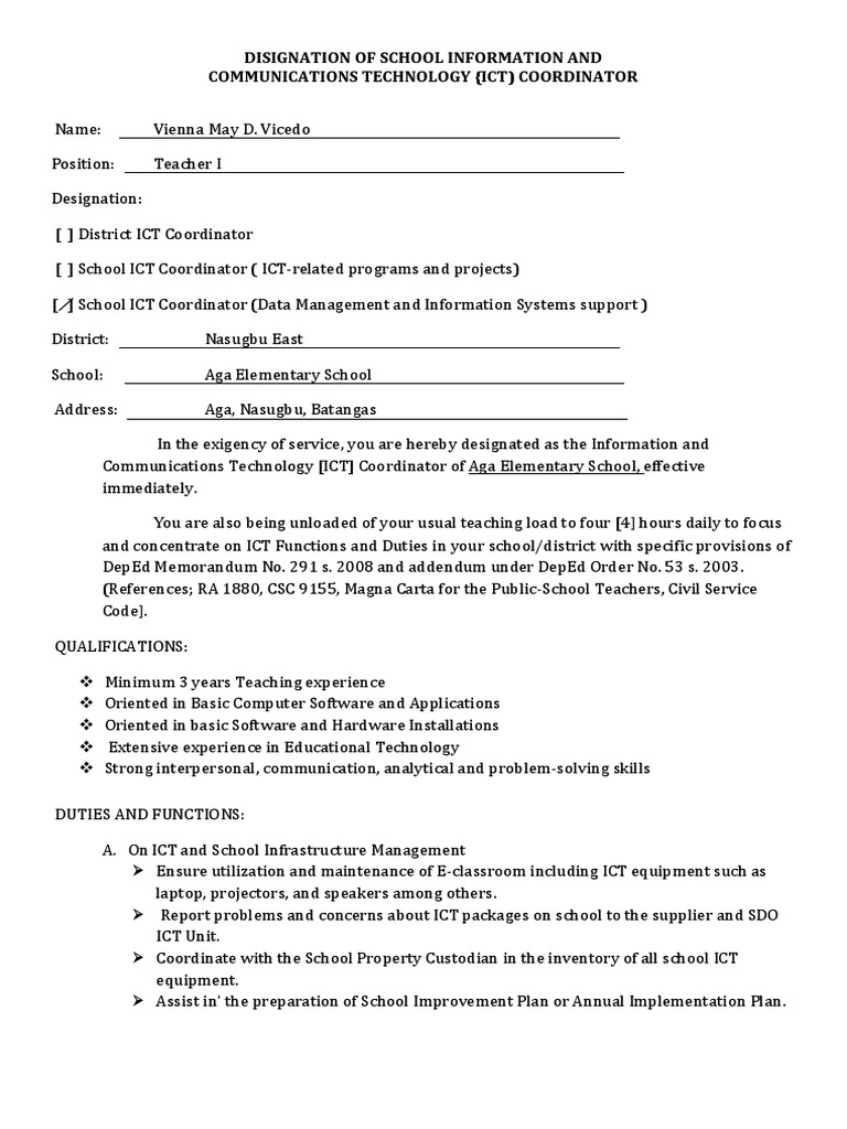 Designating School ICT Coordinator | PDF | Educational Technology | Information And ...
