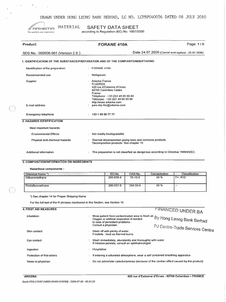 Forane 410a Dac Arkema Msds | PDF