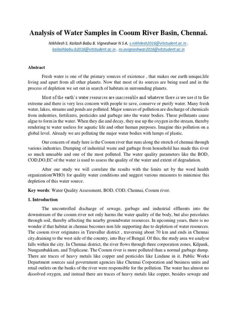 Analysis of Water Samples in Cooum River Basin, Chennai.: Nikhilesh S, Kailash Babu B ...