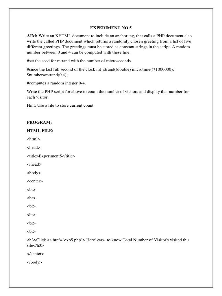 Experiment No 5 AIM: Write An XHTML Document To Include An Anchor Tag ...