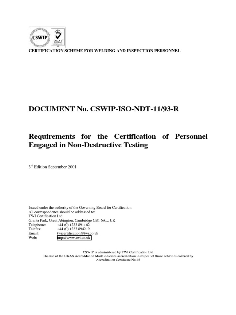 Document No. Cswip-Iso-Ndt-11/93-R: Certification Scheme For Welding ...