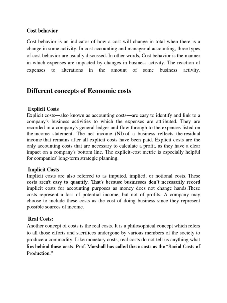 Different Concepts of Economic Costs: Cost Behavior | PDF | Average ...