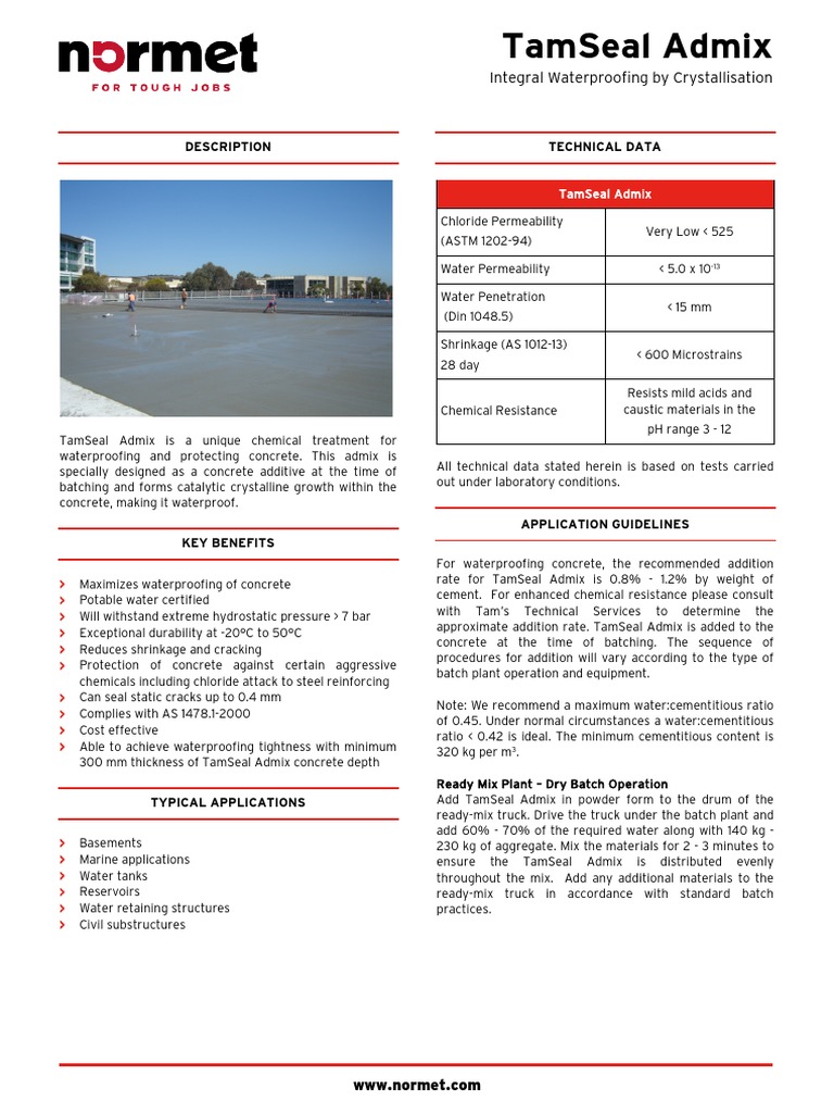 Tamseal Admix: Description Technical Data | PDF | Concrete | Water