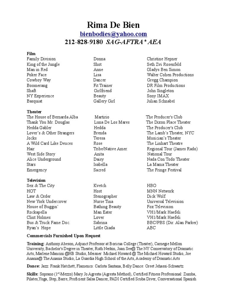 Rima de Biens Acting Resume 2019 | PDF | Entertainment | Performing Arts