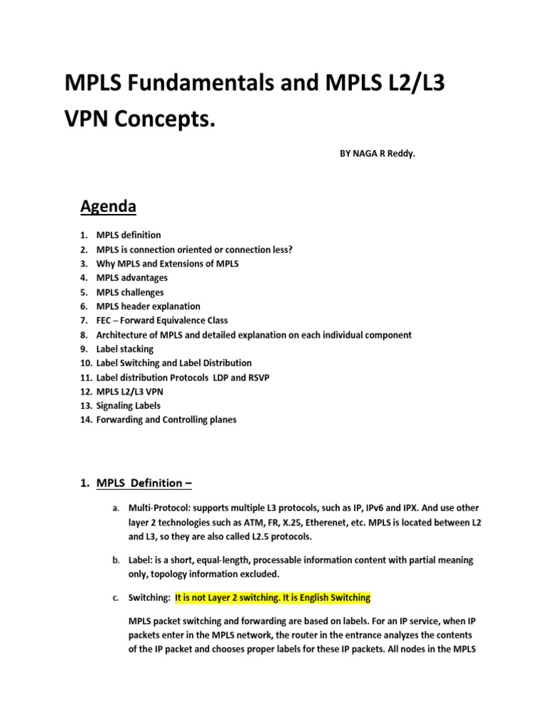 Mpls Fundamentals And Mpls L2 L3 Vpn Concepts Agenda Pdf Multiprotocol Label Switching