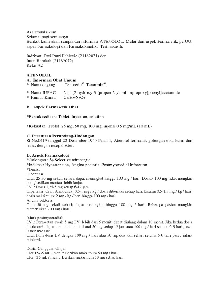 Atenolol A. Informasi Obat Umum: Tenoretic, Tenormin | PDF ...