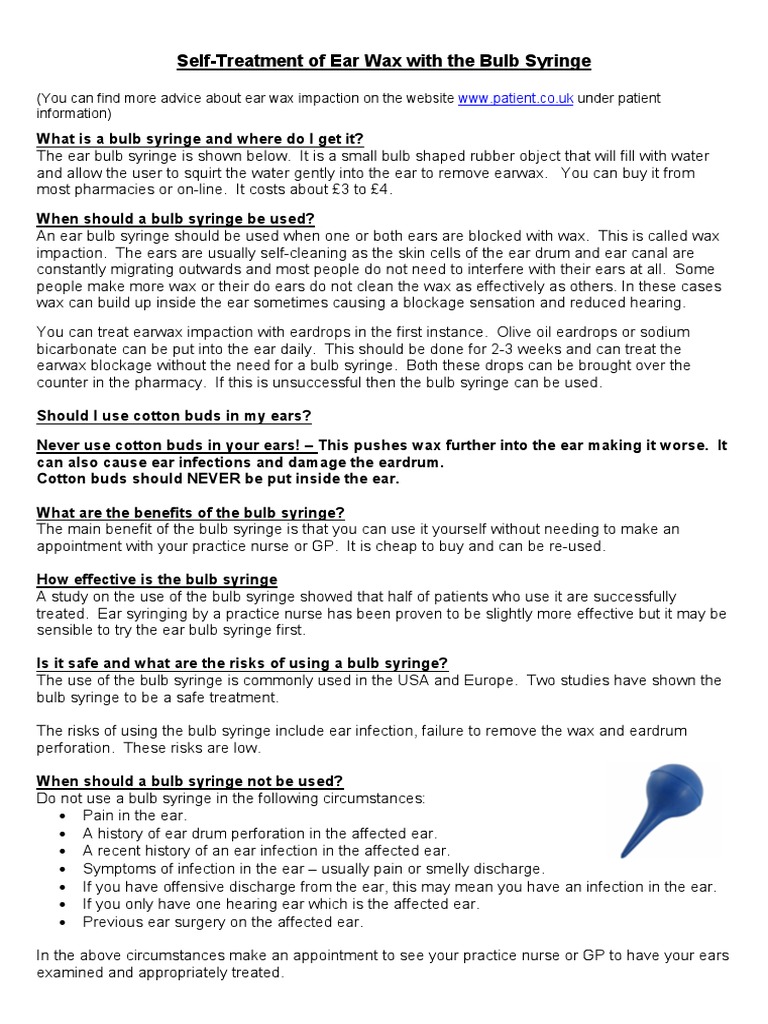 Self-Treatment of Ear Wax With The Bulb Syringe | PDF | Auditory System ...