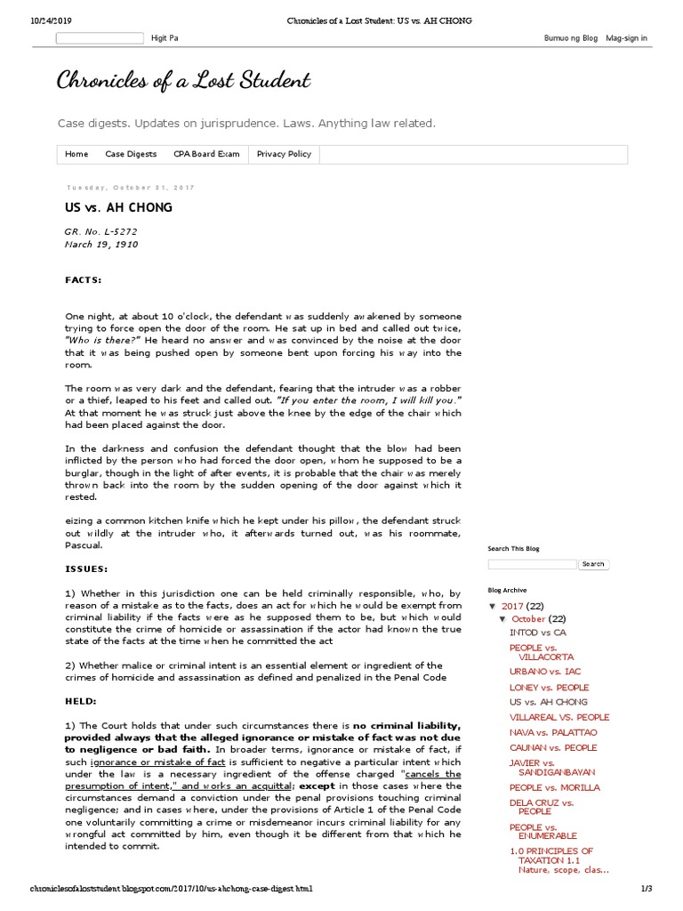 US vs AH CHONG case digest | PDF | Criminal Law | Intention (Criminal Law)