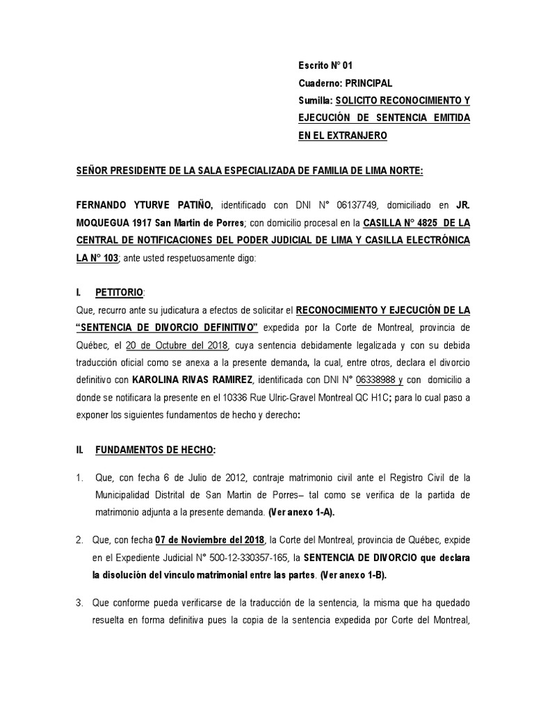 Demanda de Exequátur de Divorcio en Perú | PDF | Sentencia (ley) | Divorcio