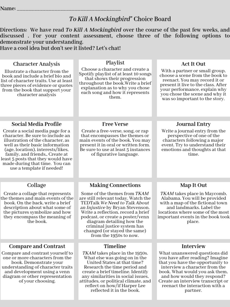 TKAM Choice Board | PDF | To Kill A Mockingbird | Social Media