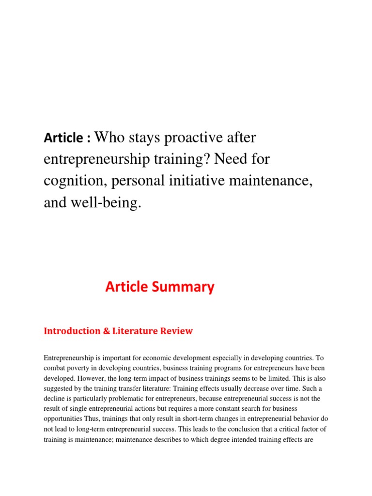 Who Stays Proactive After Entrepreneurship Training? Need For Cognition ...