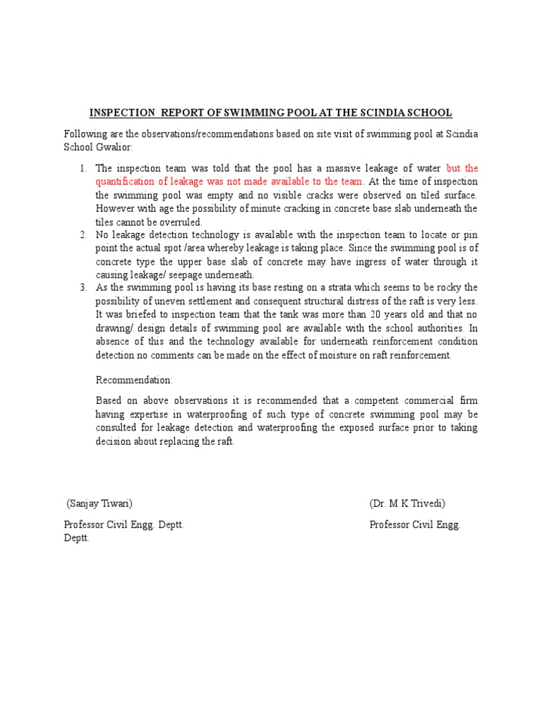 Inspection Report of Swimming Pool at The Scindia School | PDF