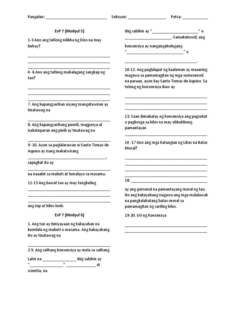 EsP 7 Modyul 5 Quiz | PDF