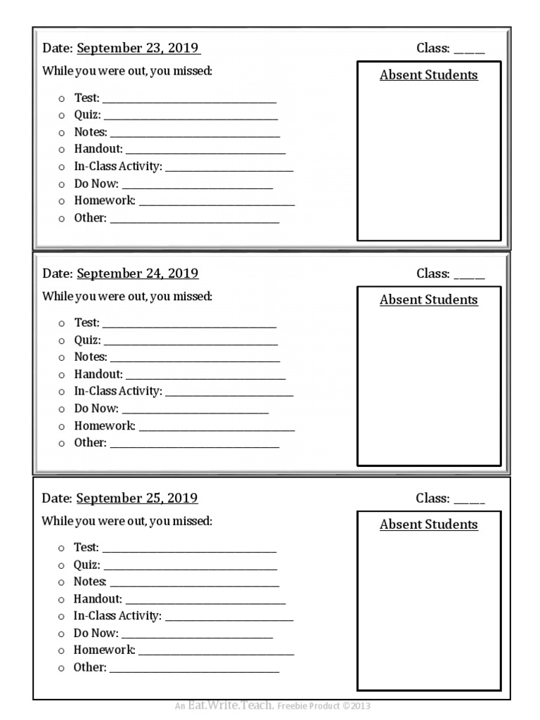 Date: September 23, 2019 Class: - Absent Students: Eat - Write.Teach ...