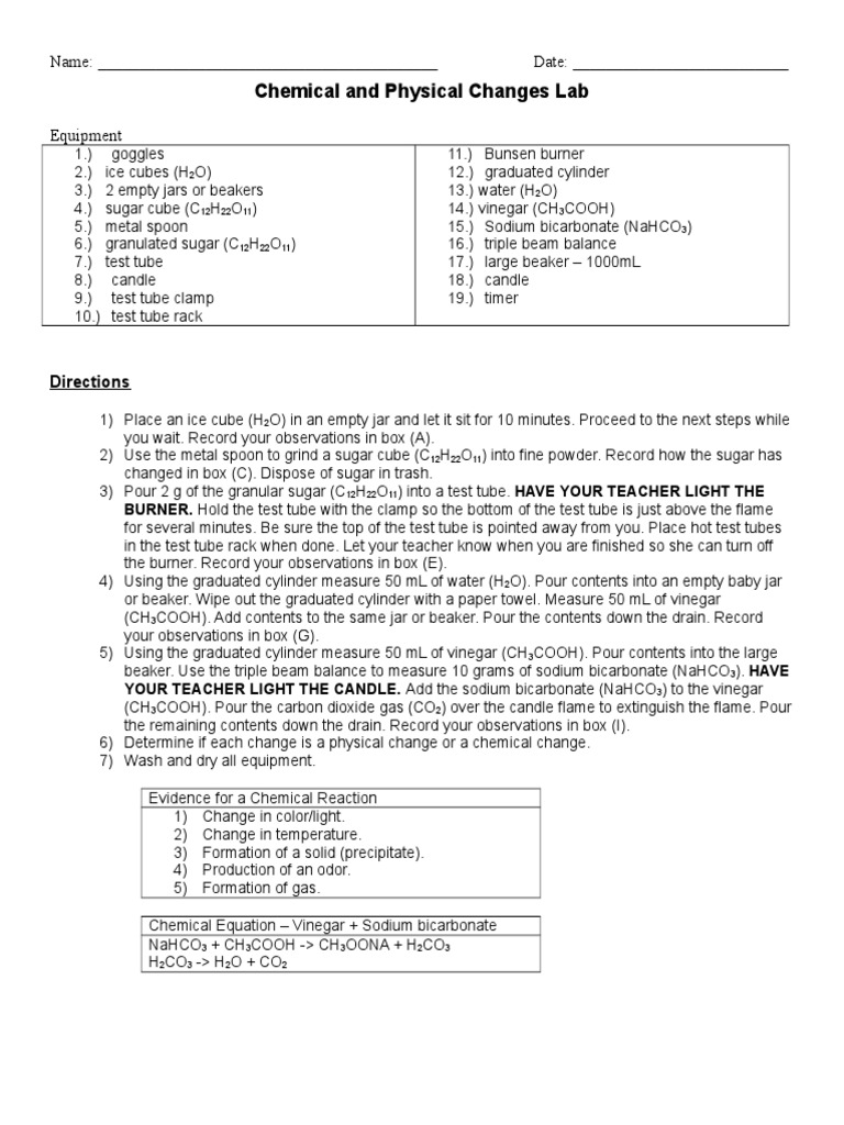 Chemical and Physical Changes Lab | PDF | Sodium Bicarbonate | Chemistry