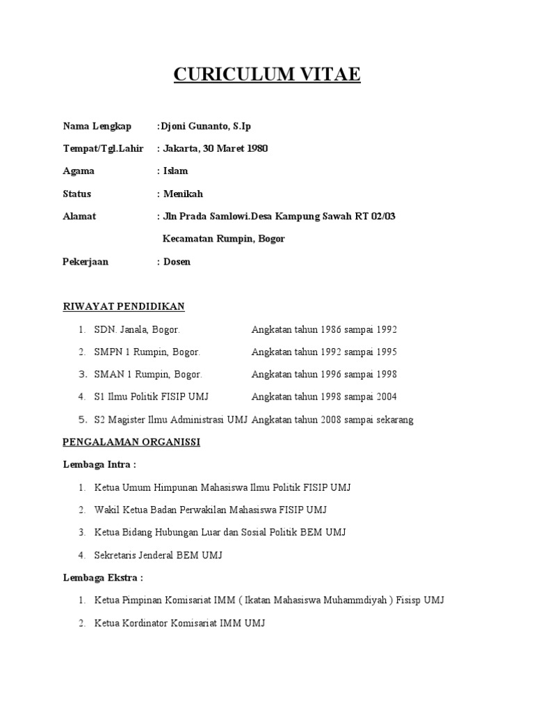 Curiculum Vitae Kakanda Immawan Djoni Gunanto S.ip | PDF