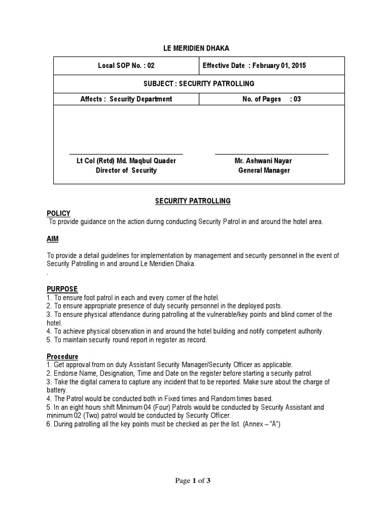 02 Patrolling Sop | PDF | Security Guard | Kitchen
