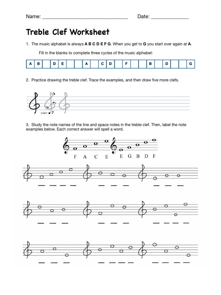 Treble Clef Worksheet: Name: - Date | PDF