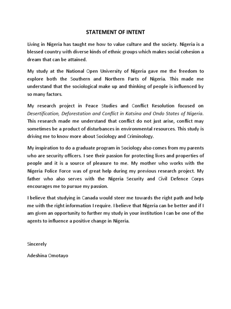 Statement of Intent | PDF