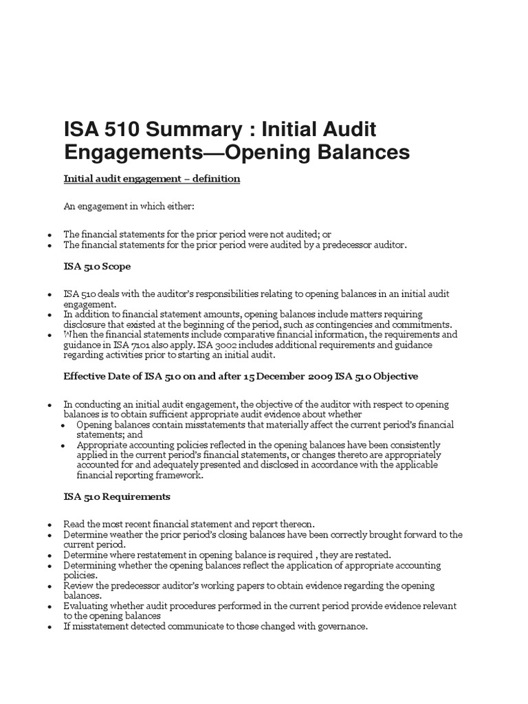 ISA 510 Summary: Initial Audit Engagements - Opening Balances | PDF ...