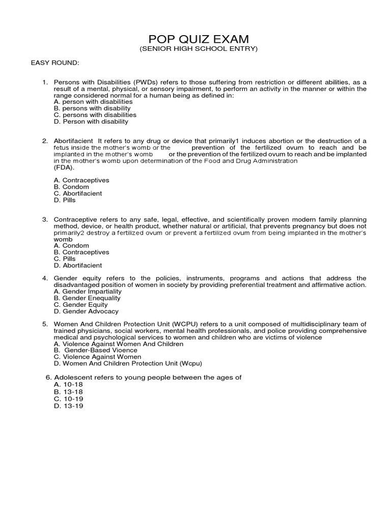 Pop Quiz Exam For Study | PDF