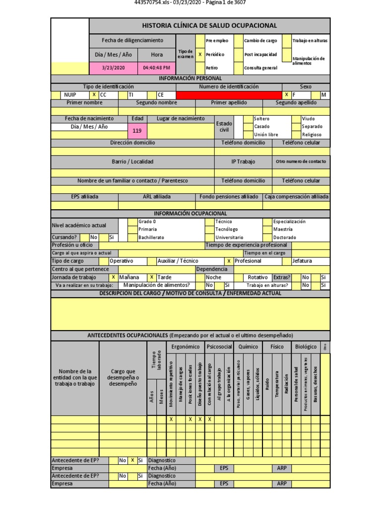 Historia Clínica Ocupacional | PDF | Seguridad y salud ocupacional | Medicina