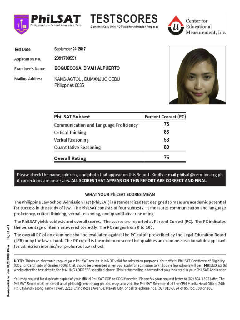Test Scores Philsat: Philsat Subtest Percent Correct (PC) | PDF | Test ...