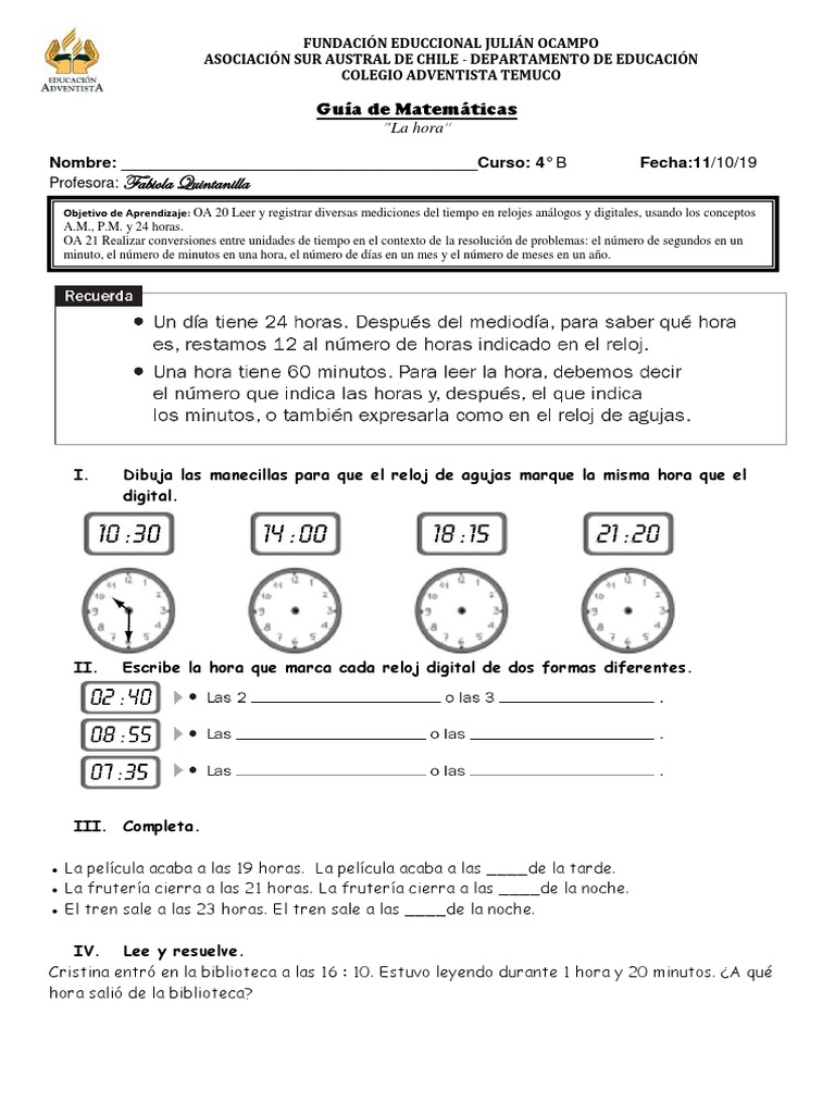Guía de Matemáticas: La Hora 3° Básico | PDF | Reloj | Horología