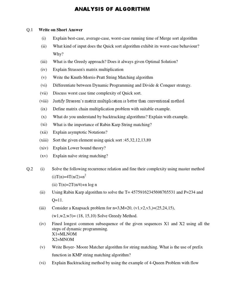AoA Important Question | PDF | Dynamic Programming | Computational Complexity Theory