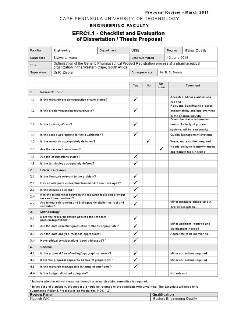 EFRC1.1 - Checklist and Evaluation of Dissertation / Thesis Proposal ...