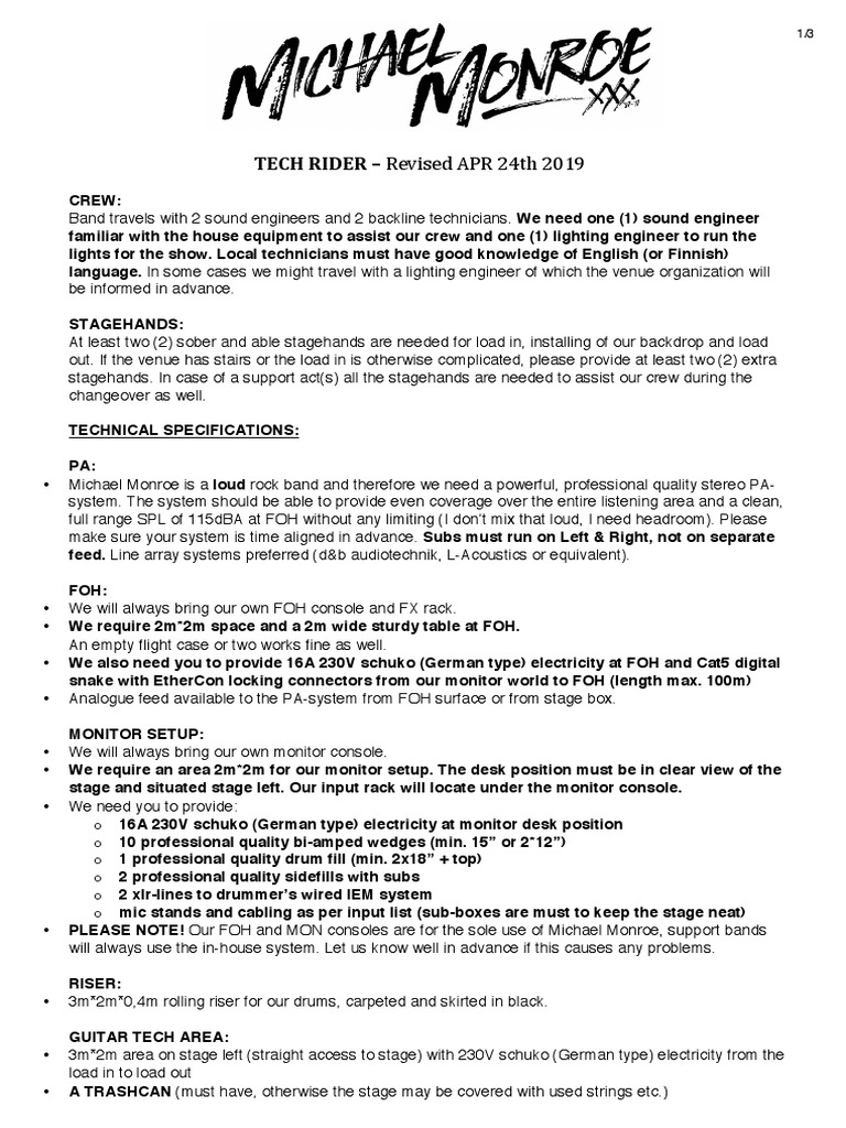 TECH RIDER MICHAEL MONROE - SUMMER 2019 - v2 PDF | PDF | Sound ...