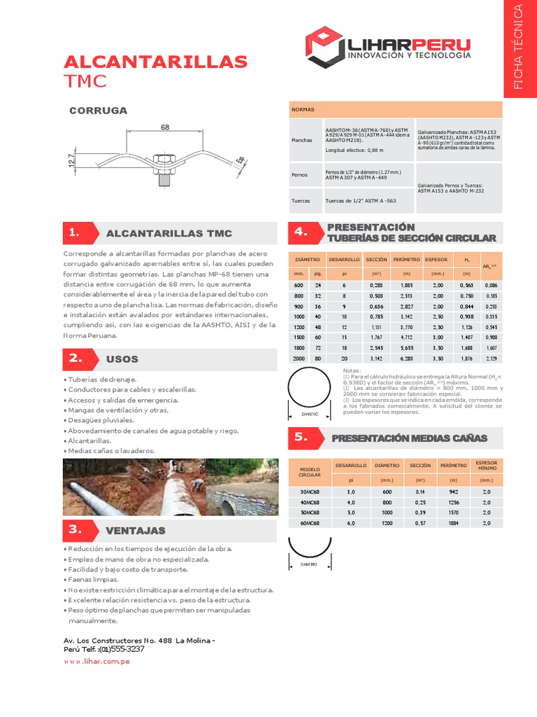 Ficha Tecnica Alcantarillas TMC | PDF | Ingeniería | Agua
