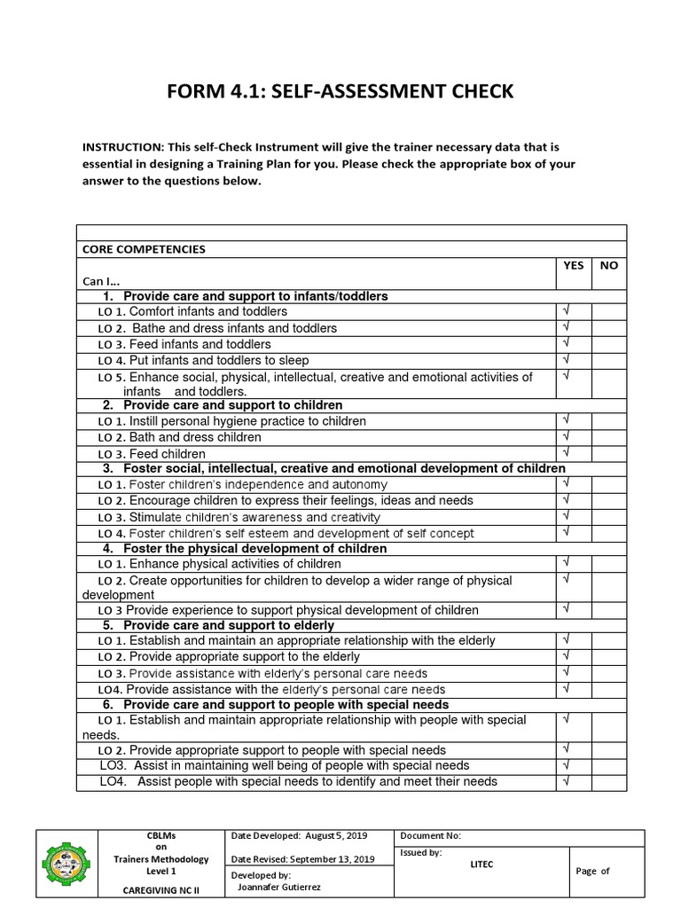 Form 4.1 Self Assessment Check | PDF | Salad | Hygiene
