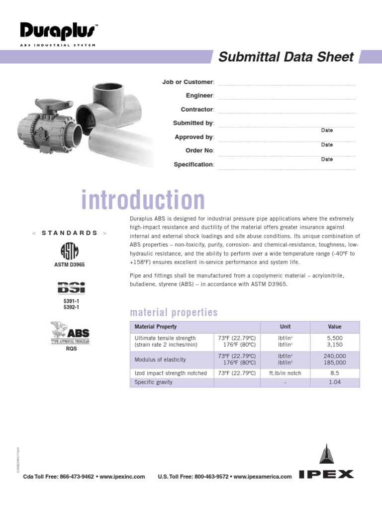 Duraplus ABS Data Sheet Ipex | Pipe (Fluid Conveyance) | Valve | Free ...