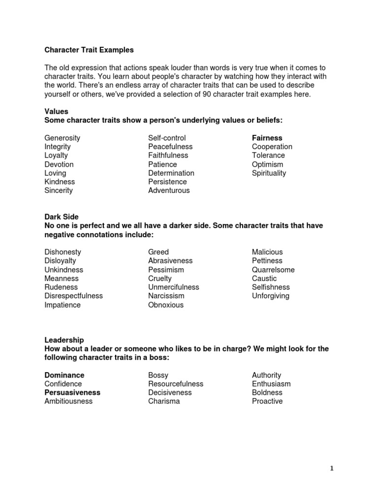 Character Trait Examples | PDF | Hero | Psychology
