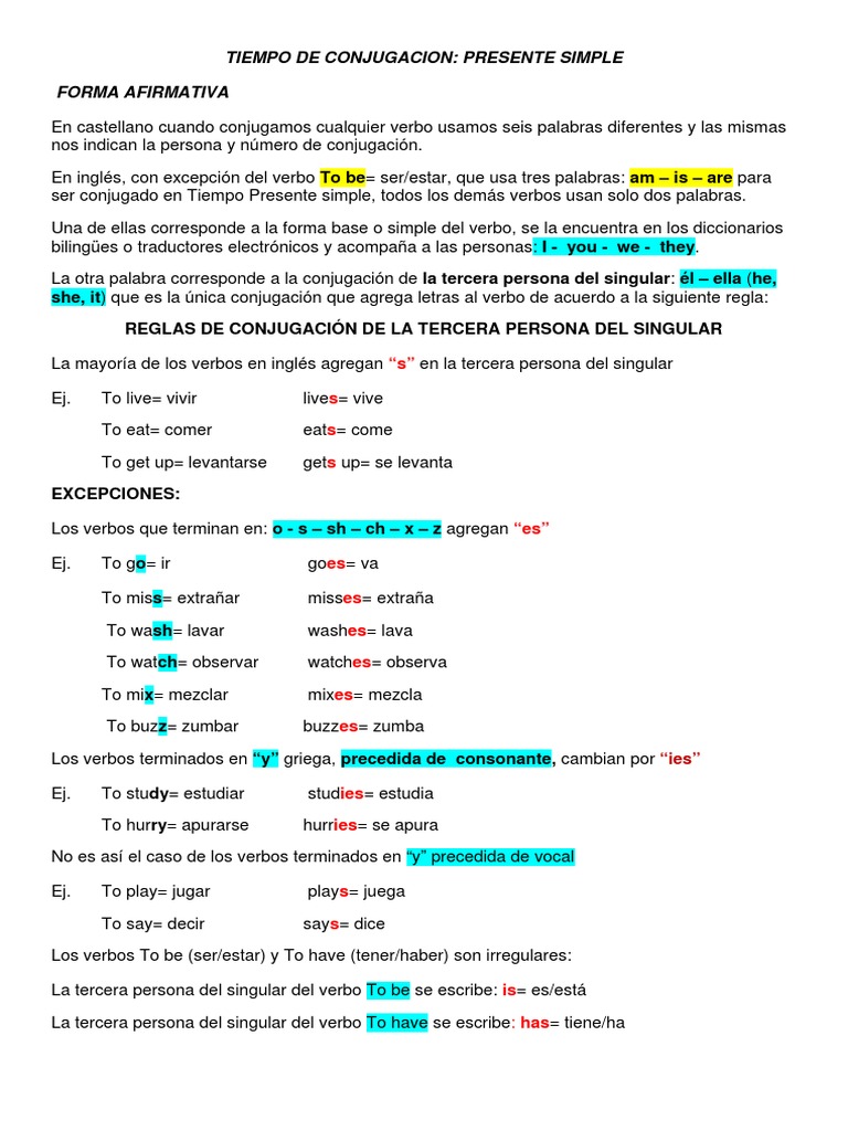 Conjugación Presente Simple | PDF | Conjugación gramatical | Verbo