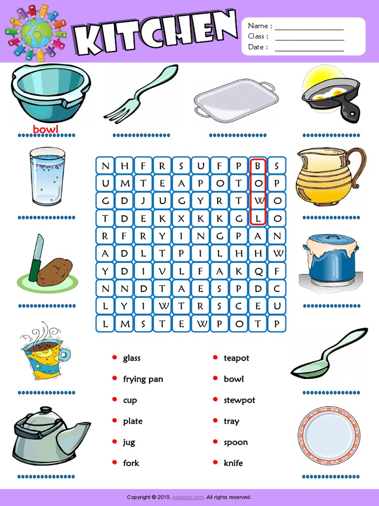 Kitchen Esl Vocabulary Word Search Worksheet For Kids PDF | PDF